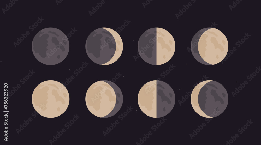 Vetor de Vector set moon phases. New moon, waxing crescent, quarter ...