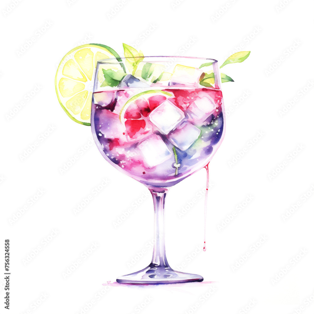 Watercolor hand painted pink vodka cocktail glass with lime fruit ...
