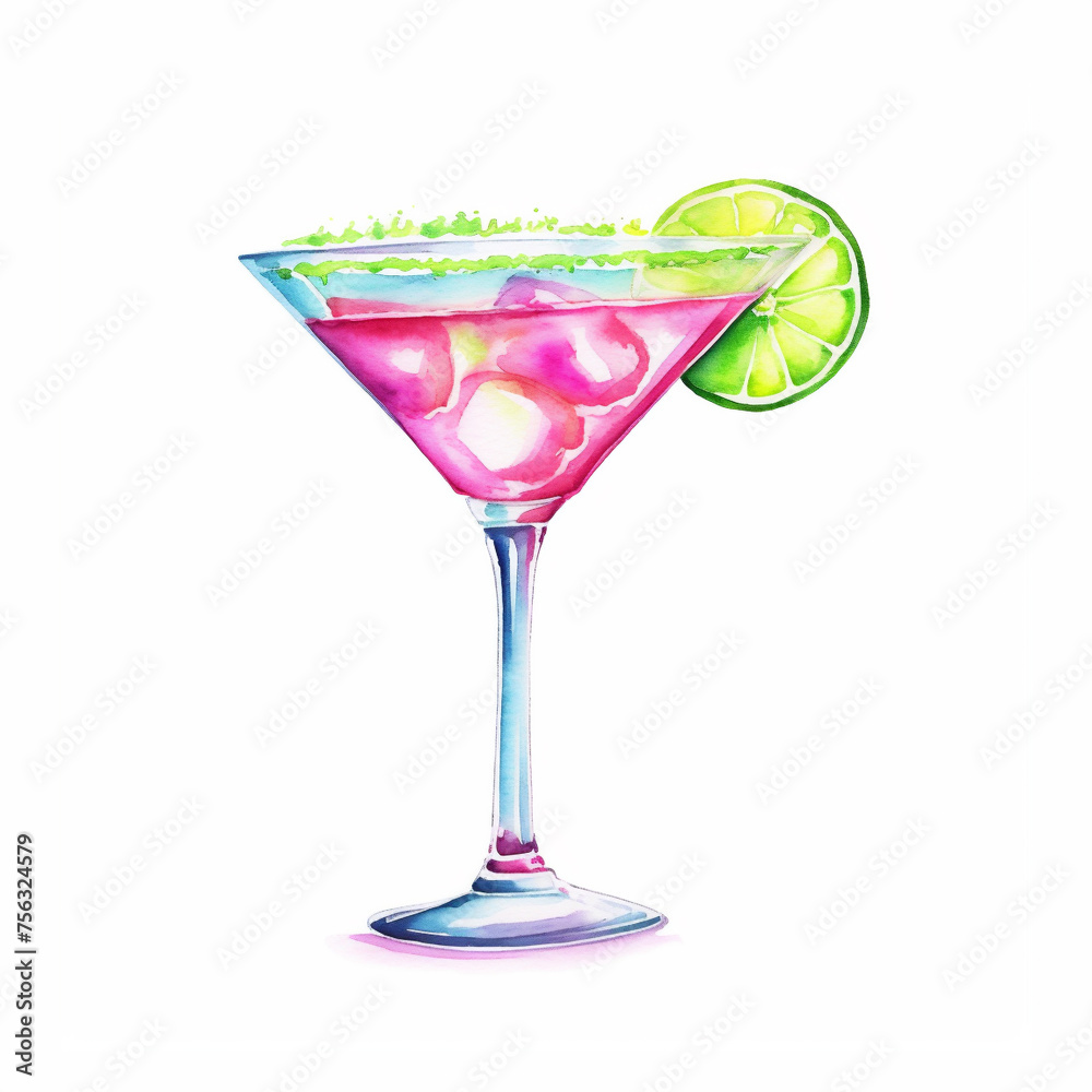 Watercolor hand painted pink vodka cocktail glass with lime fruit ...