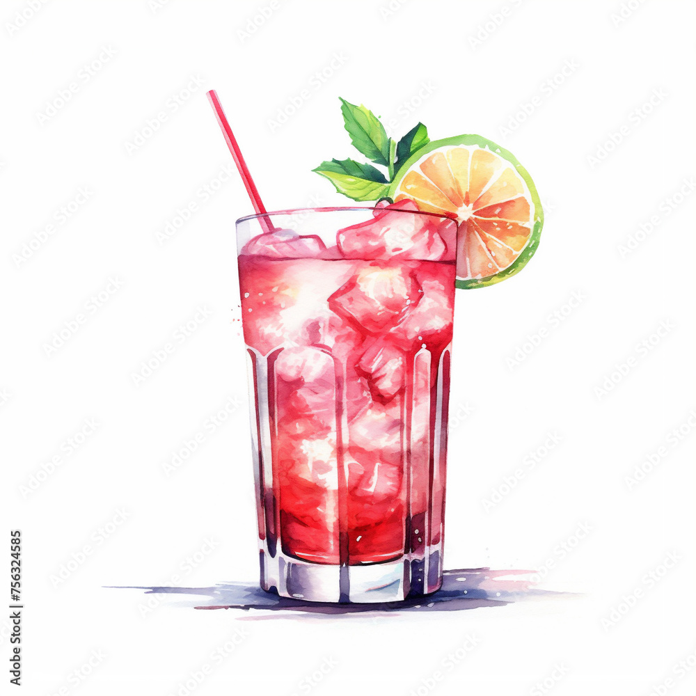 Watercolor hand painted pink vodka cocktail glass with lime fruit ...