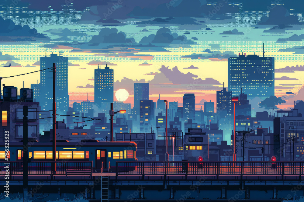 Pixel Art City, Cityscape crafted in retro pixel art style. Vibrant ...