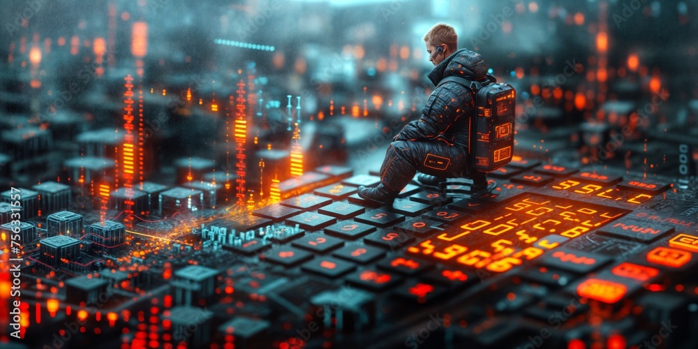 A whimsical scene of a tiny banker riding a giant calculator, crunching ...