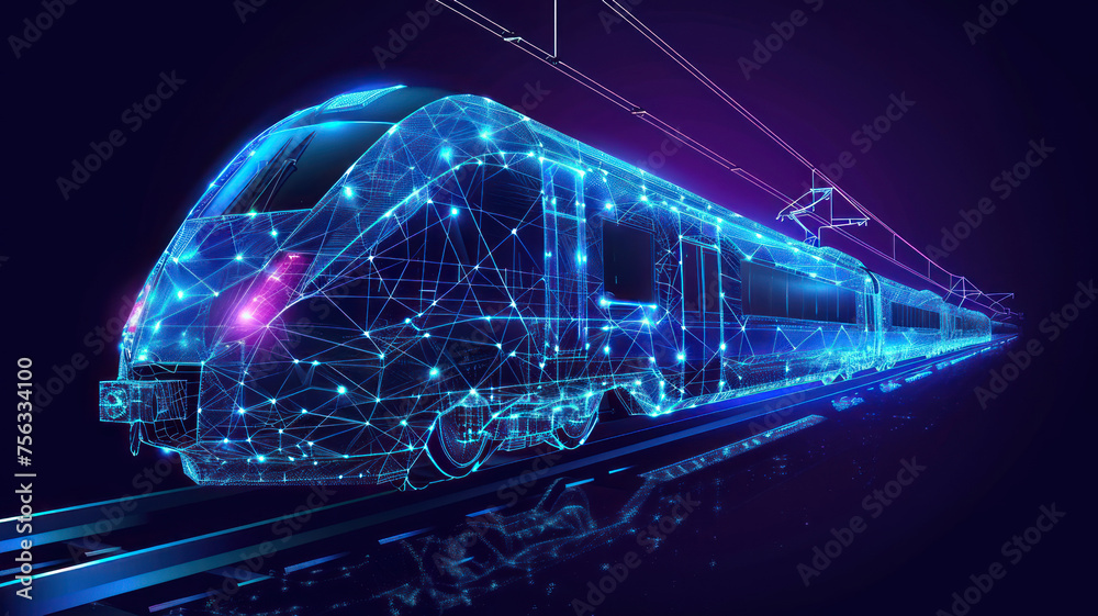 Digital low poly wireframe futuristic high-speed train. Future logistics modern technology ...