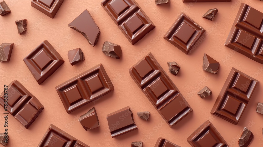 Realistic chocolate bar pieces apart from each other photo pattern ...