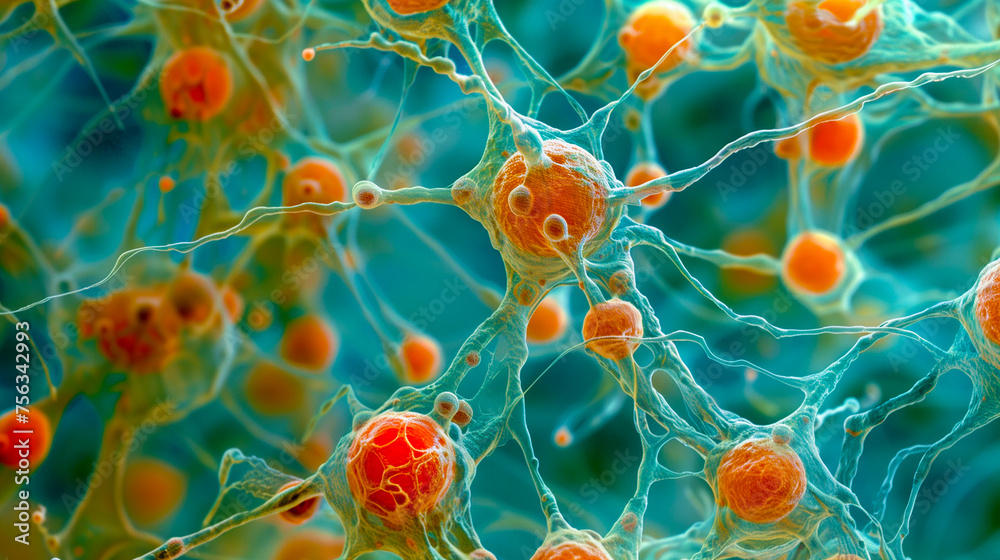 Microscopic view of neurons with connecting dendrites, highlighting ...