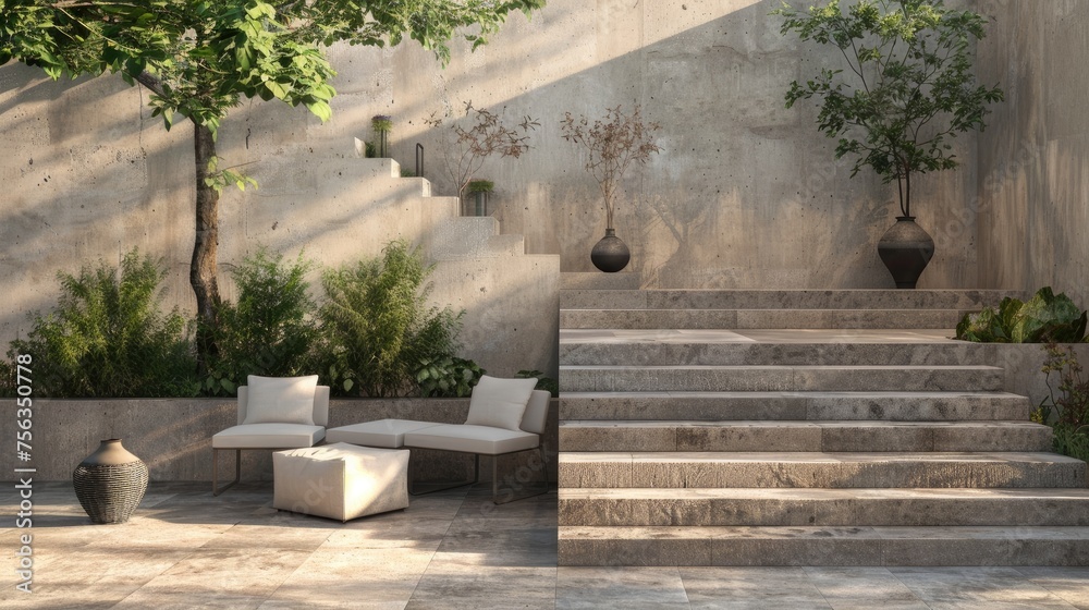 a cement staircase characterized by steps of varying heights and ...