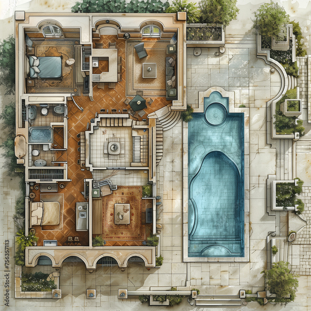 Luxurious flat ground plan design with furniture, top view layout: two ...