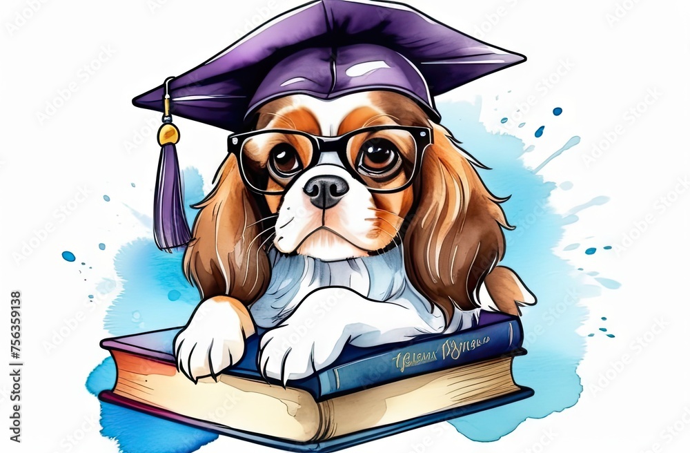 Watercolor illustration,cute Cavalier King Spaniel wearing graduation ...