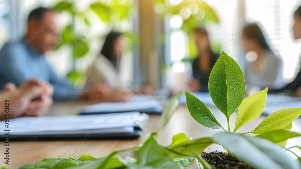 Corporate social responsibility meeting, with a close-up on eco-friendly materials and the ...