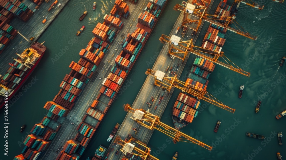 Overhead view of seaport dynamics, where colorful containers, towering ...