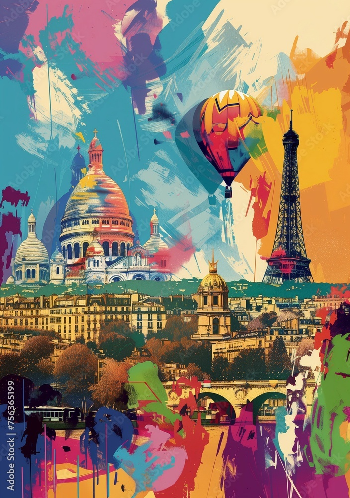 Retro travel poster depicts modern Paris with bold colors and stylized ...