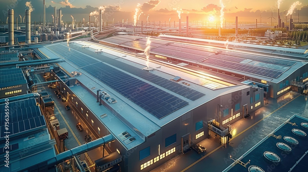 Aerial view of typical factory building roof with rows of solar ...
