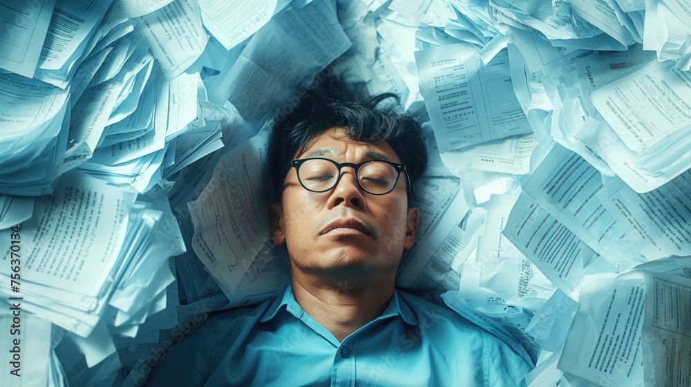 Workload Strain: Young Asian man drowned in paperwork. Captures the ...