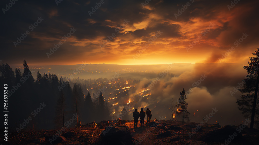 panorama of a forest fire. a group of silhouettes of people watching ...