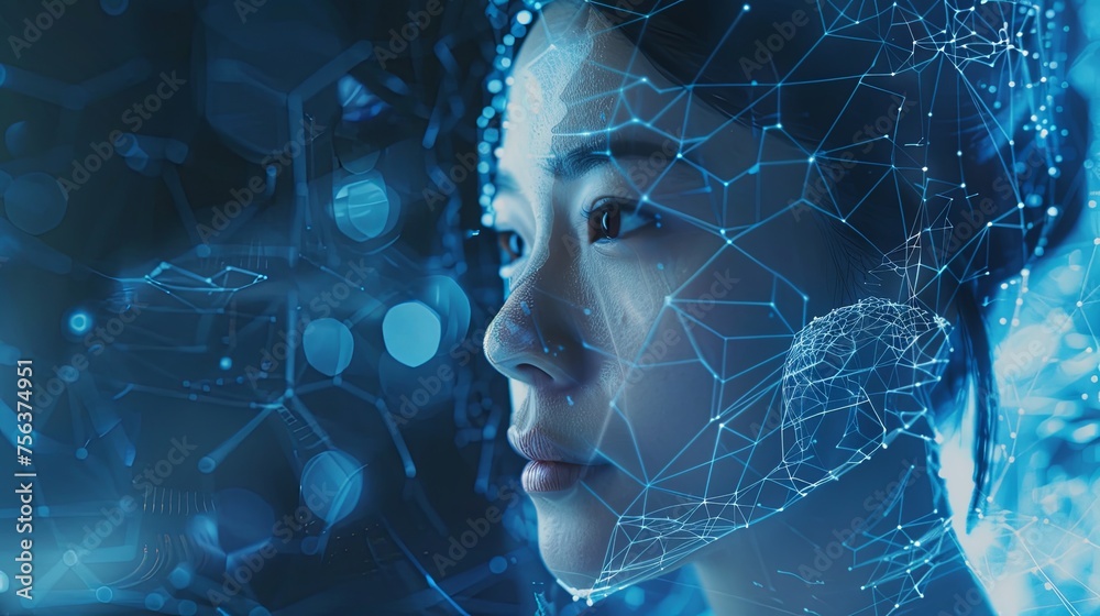Woman With Futuristic Neural Network Mapping Profile Of A Woman With A Complex Neural Network