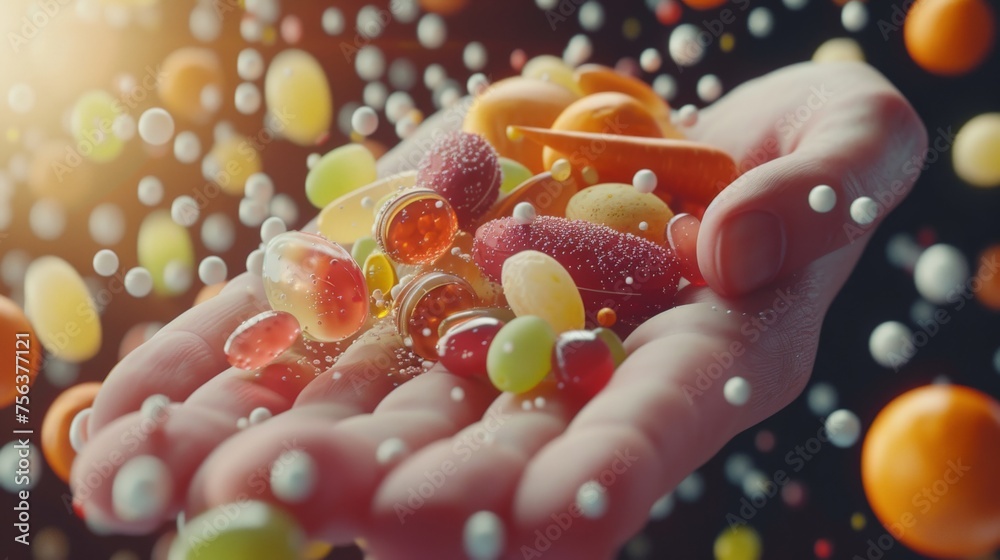 healthy food in the hands of man fruits, candies with tablets for ...