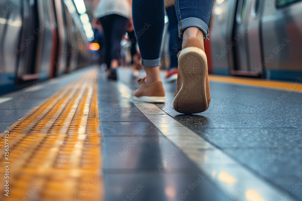 Close-up of woman's feet walking in metro, busy platform with passing ...