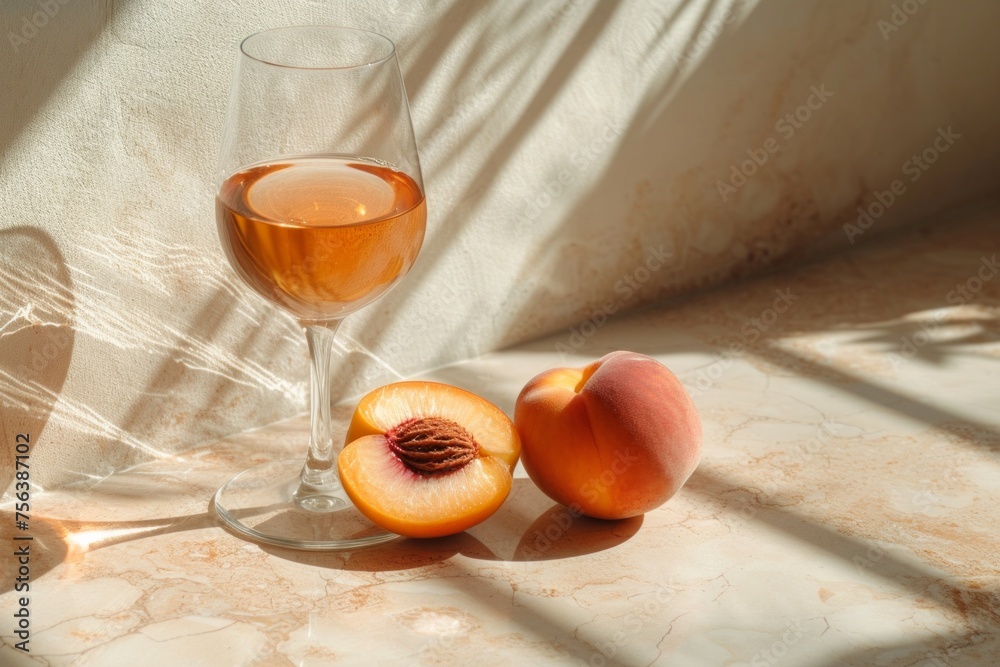 peach and half of a second peach lie on a beige marble table near a ...