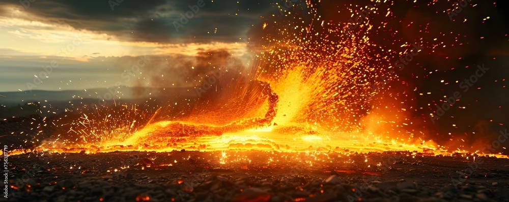 Molten metal and sparks emanating from a nickel smelting furnace ...