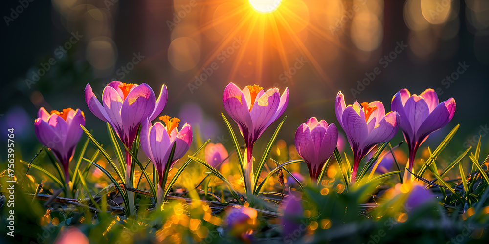 Purple Crocus On Clear Spring Morning In The Middle Of Open Fields ...