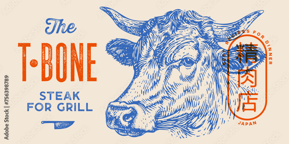 Cow, bull, beef head, meat tag label. Template Meat Tag Label. Vintage ...