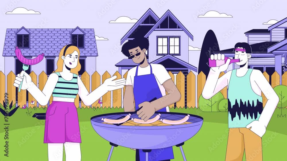 Cooking barbeque on weekend line cartoon animation. Backyard party with ...