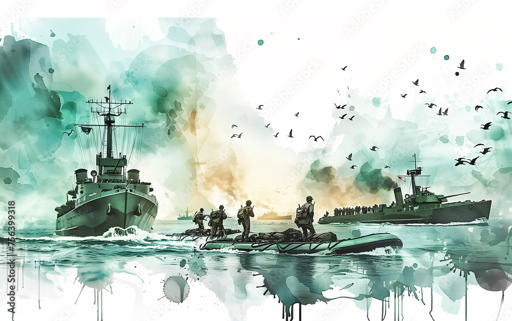 D-Day normandy landing 1944, WWII landing crafts and soldier on the ...