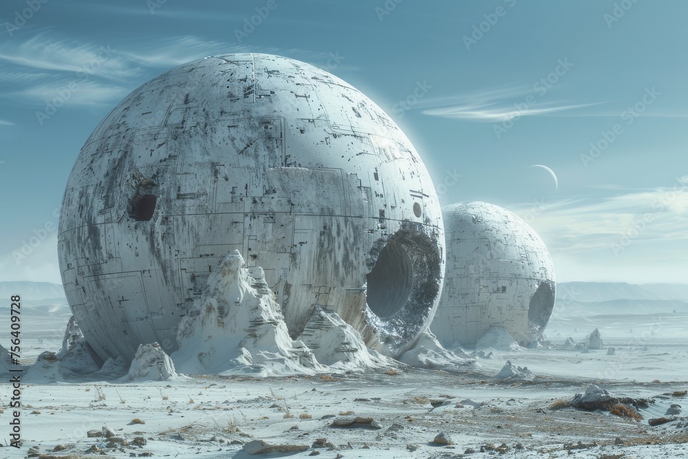 Massive weathered spherical structures lie abandoned in a desolate ...