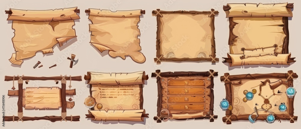 Modern illustration set with pirate medieval game interface elements, including exit banner, win ...