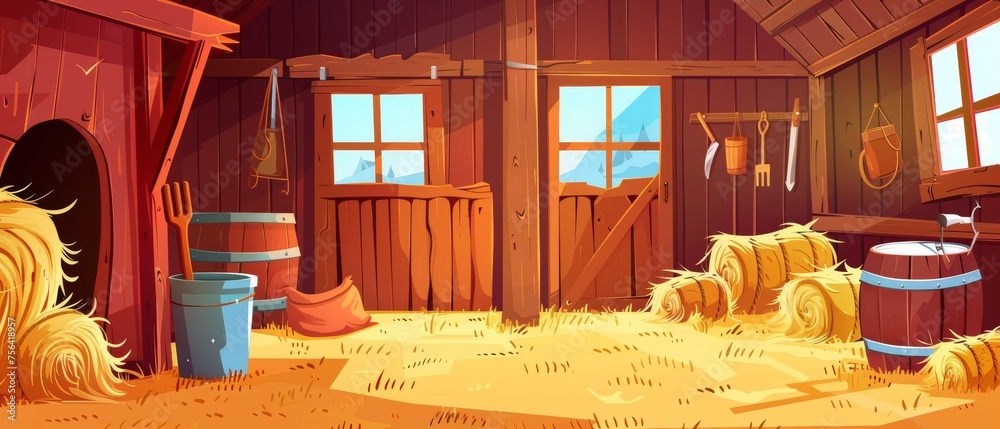 The interior of a horse stable, with hay stacks, an old barrel ...