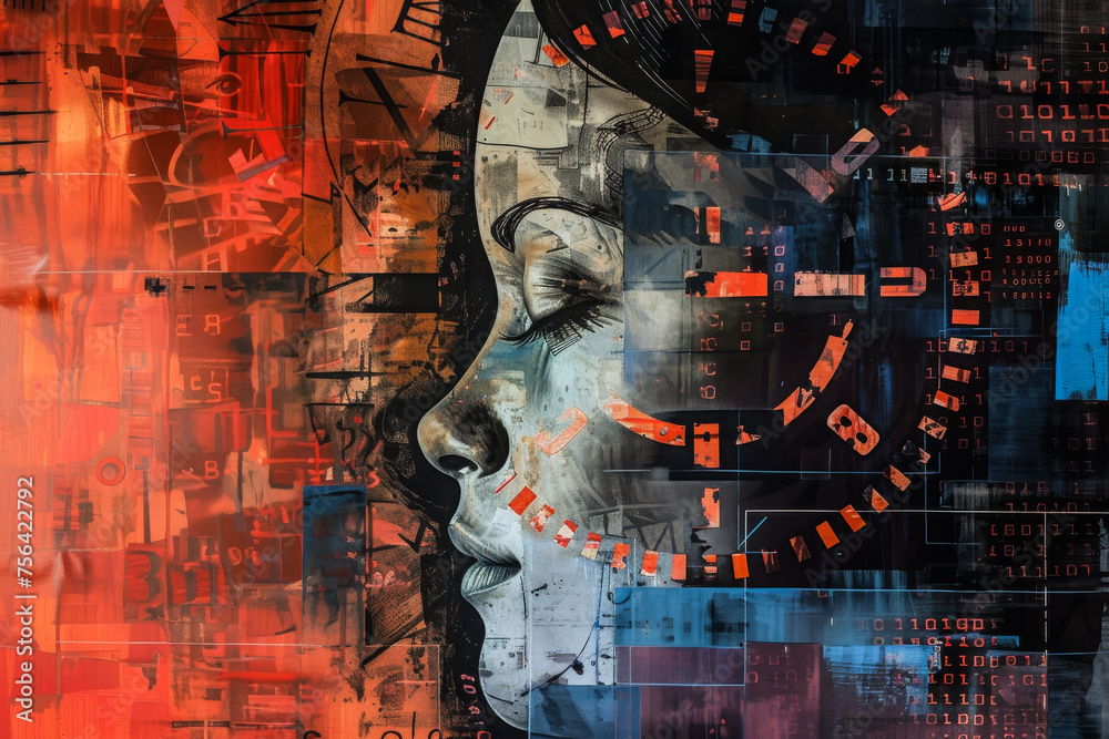 Craft a surreal artwork that blurs the line between a clock binary code ...