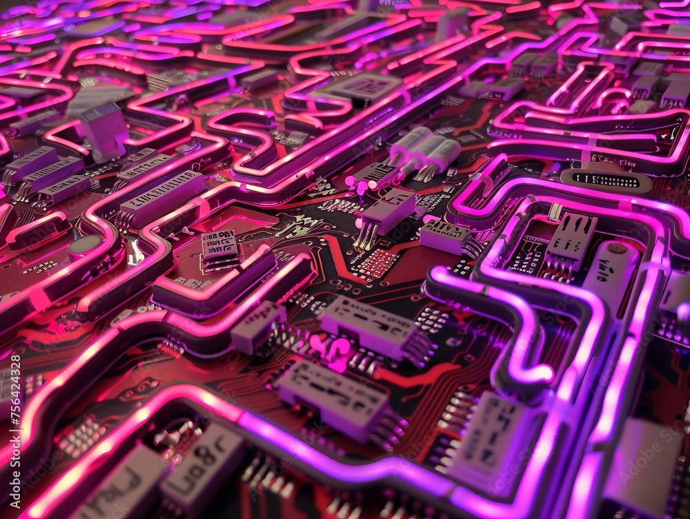 Neon lit microchip circuits on a PCB vibrant technology patterns for ...