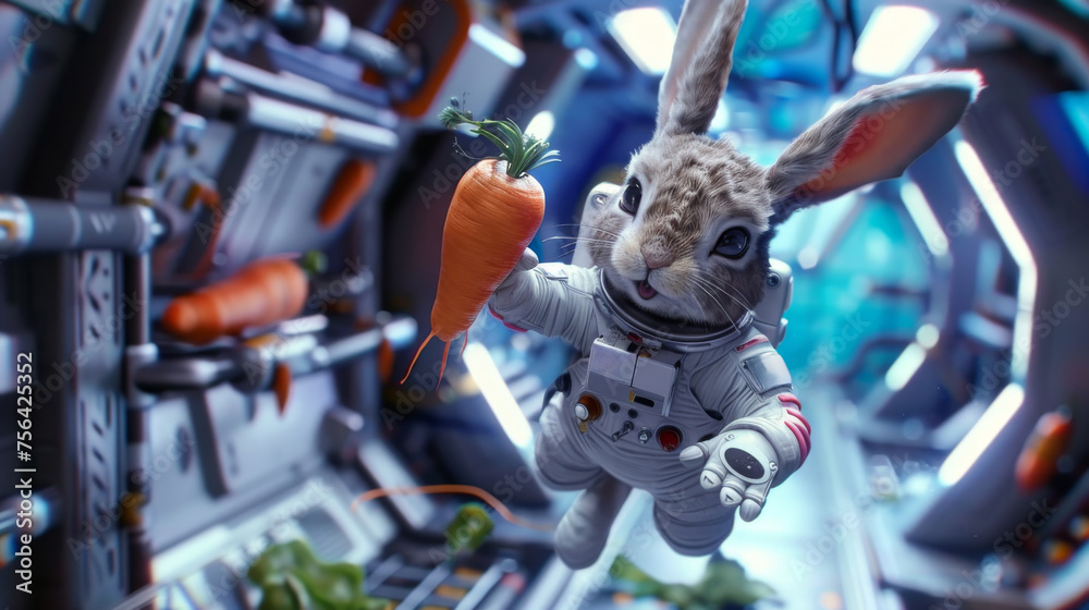 An animated rabbit astronaut in a space suit grabs a carrot in the ...