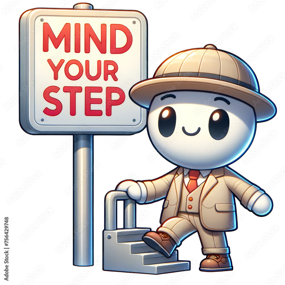 Cartoon Mind your step sign. Caution sign. Transparent background ...