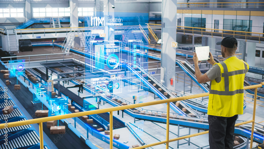 Male in a High Visibility Vest Using Tablet with Augmented Reality App ...