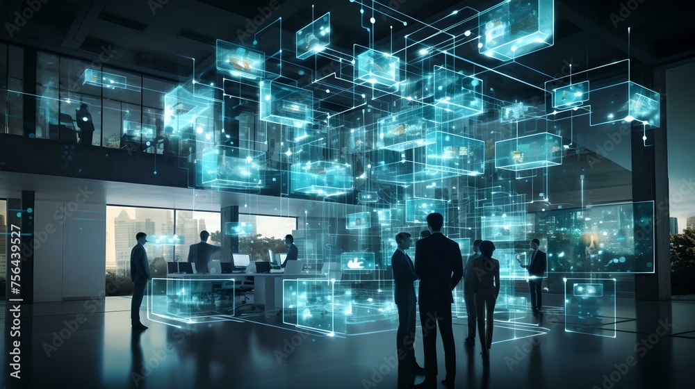 Futuristic tech office space with interactive displays. professionals ...