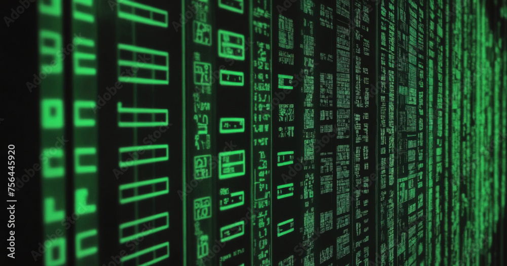 Futuristic matrix of glowing green binary code against dark background ...
