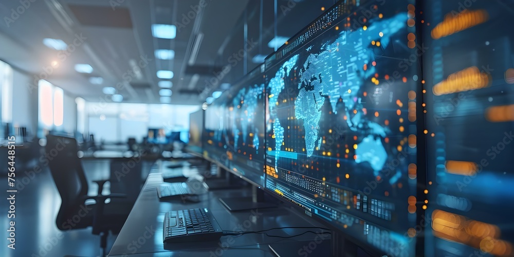 Dynamic workplace with digital screens displaying realtime cloud computing data DevOps . Concept ...