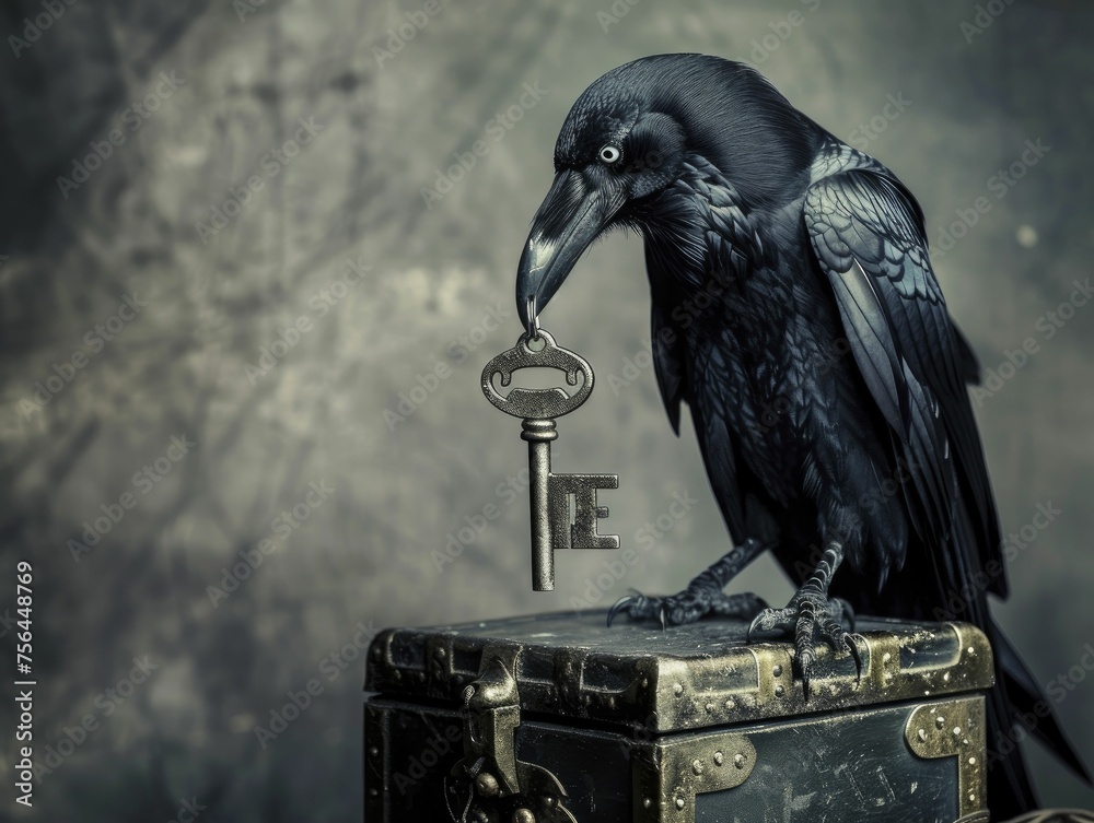 Mysterious raven holding a key above a treasure chest, on a mystical ...