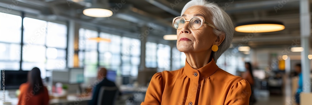 Mature professional woman with glasses in office setting, gray hair ...