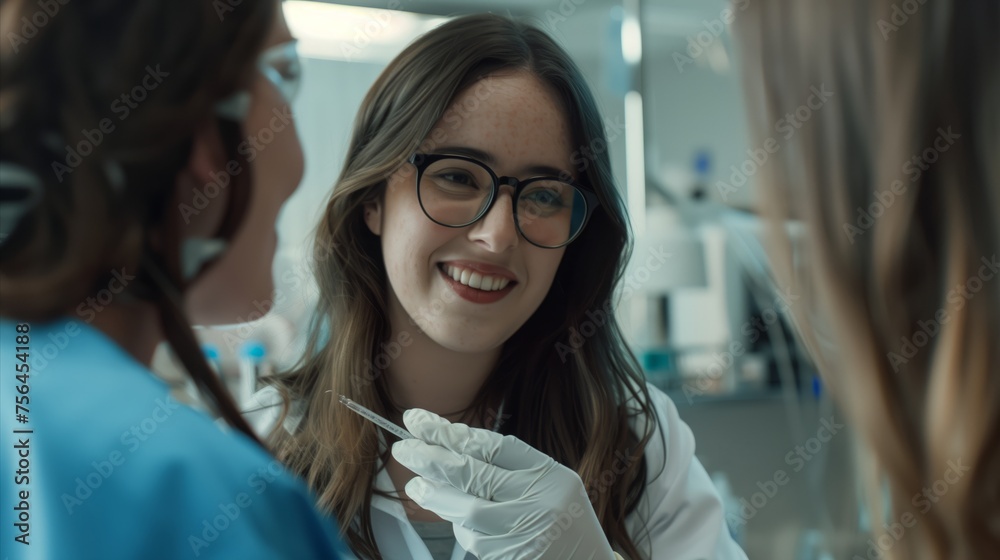 Female doctors wearing blue surgical overalls, smiling as they work and ...