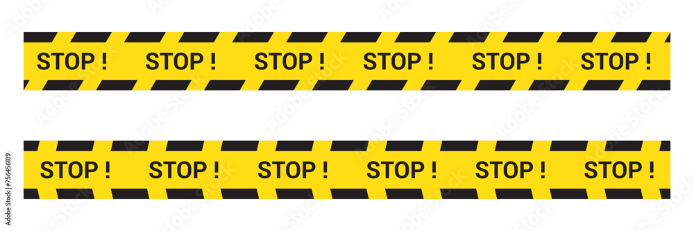 Yellow barricade tape with black diagonal stripes and text " STOP ...