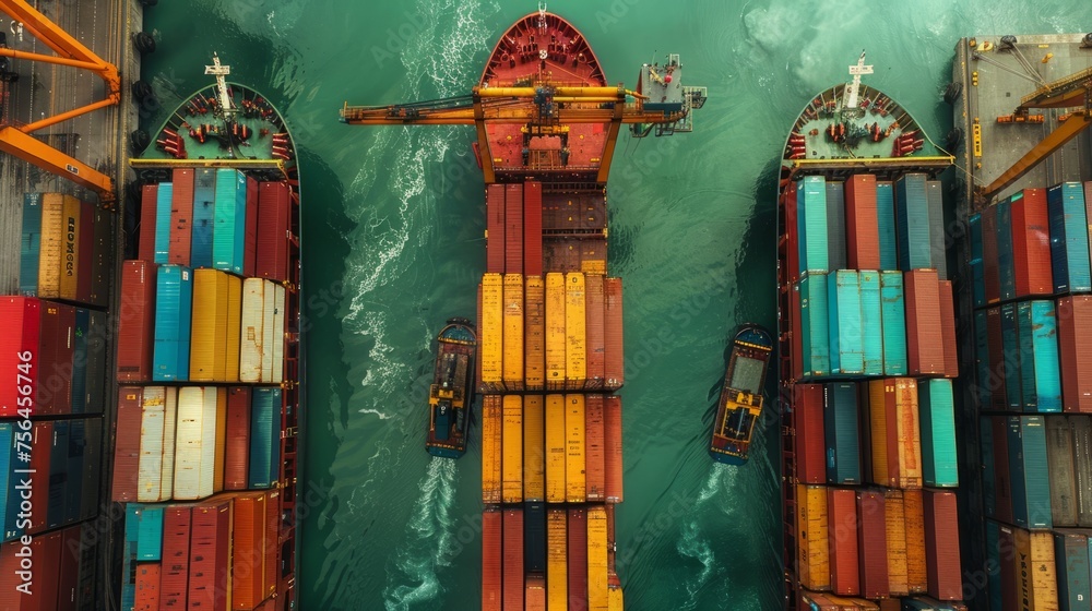 An aerial view shows the complex structure of a seaport with neatly ...