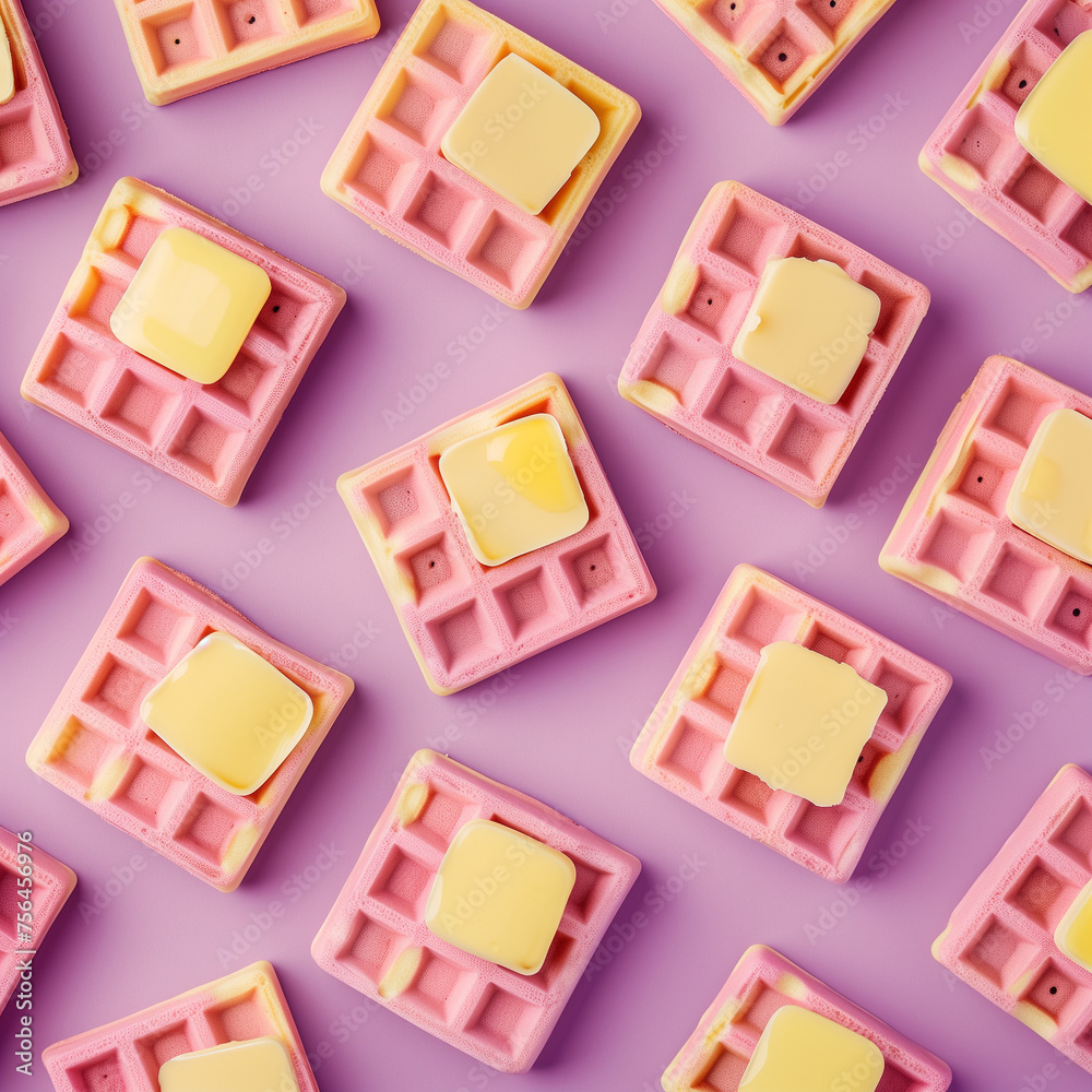 Pink waffles with butter on top on a pastel purple background. Top view ...