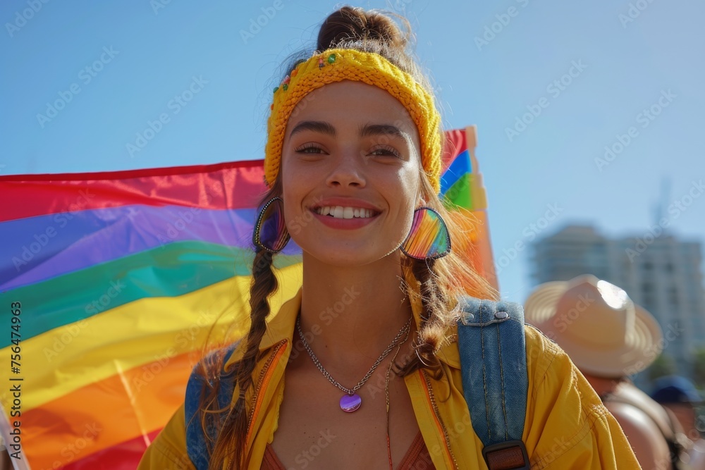 Queer person in summer clothes holding rainbow flag at a blue sky, shot ...