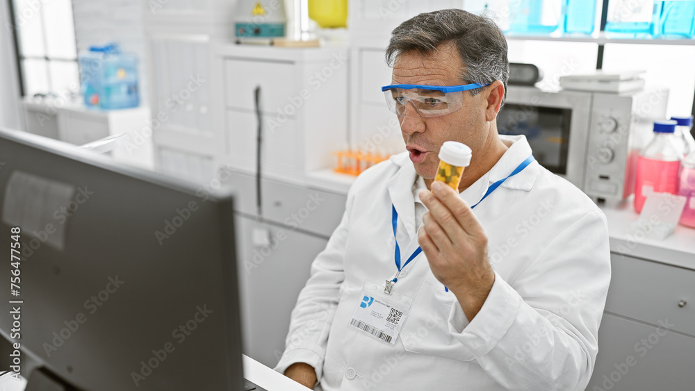 Middle-aged man in lab coat examining a specimen in a medical ...