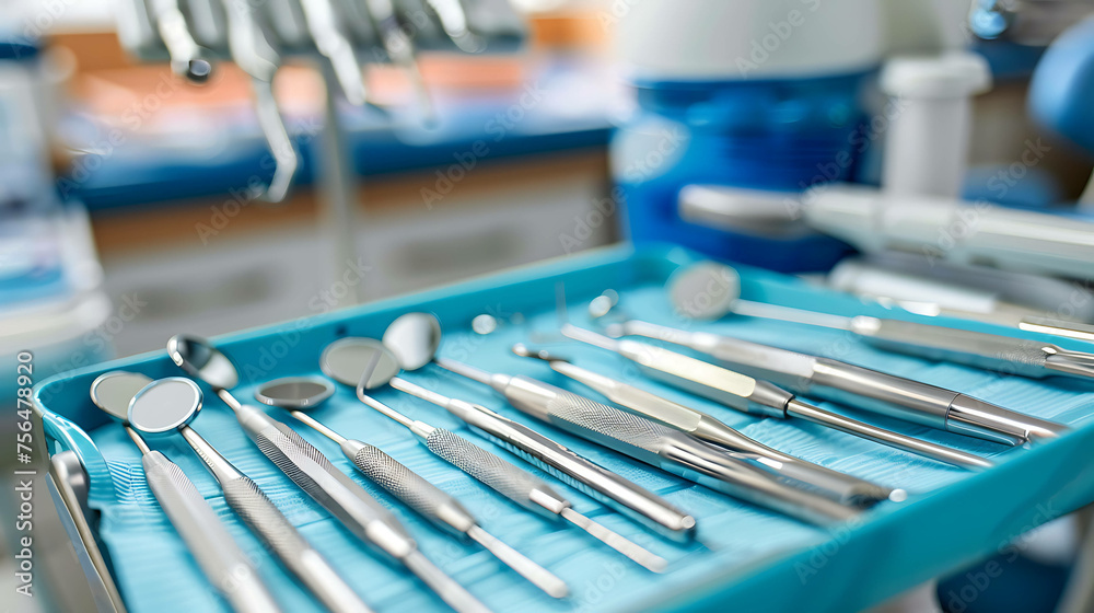 A close-up image of a tray of dental instruments. The instruments are ...