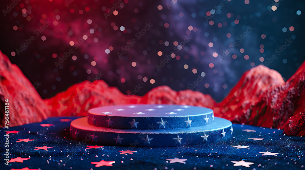 modern mockup podium display on USA colors and stars interior for 4th ...