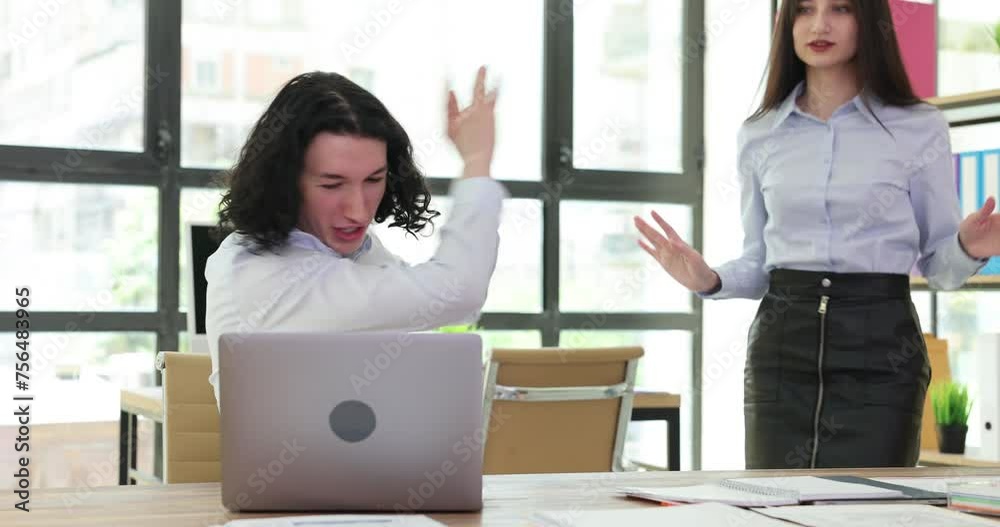 Transgender business manager getting frightened and pushing away woman ...