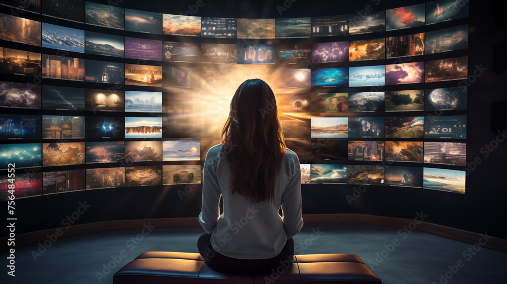 Woman watching multiple screens in a dark room, concept for media ...